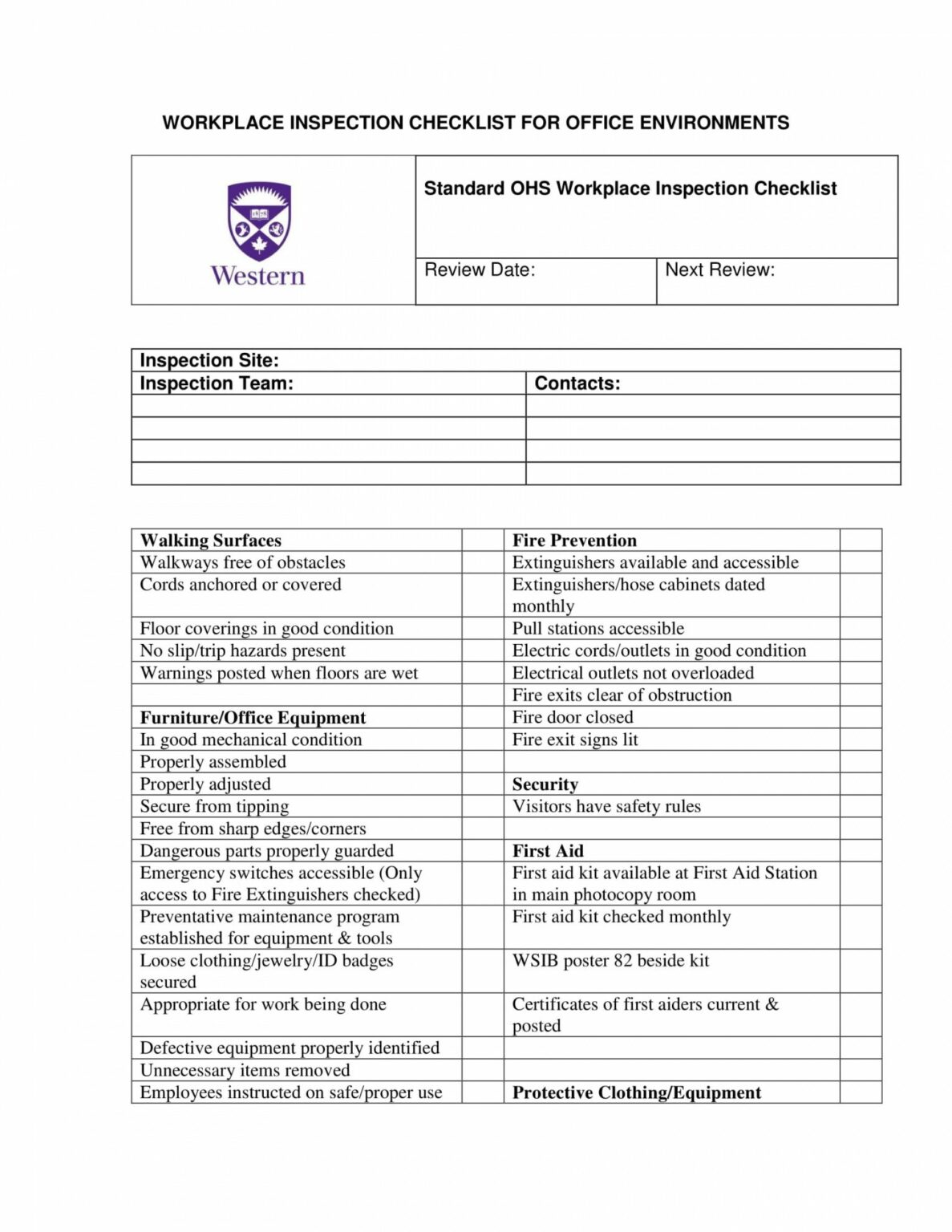 Workplace Safety Inspection Checklist Workplace Safety Inspection Checklist