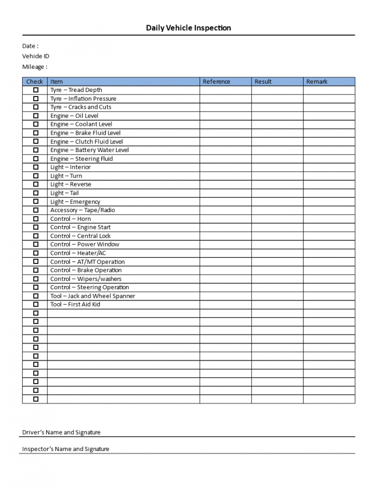 Daily Vehicle Maintenance Checklist Template