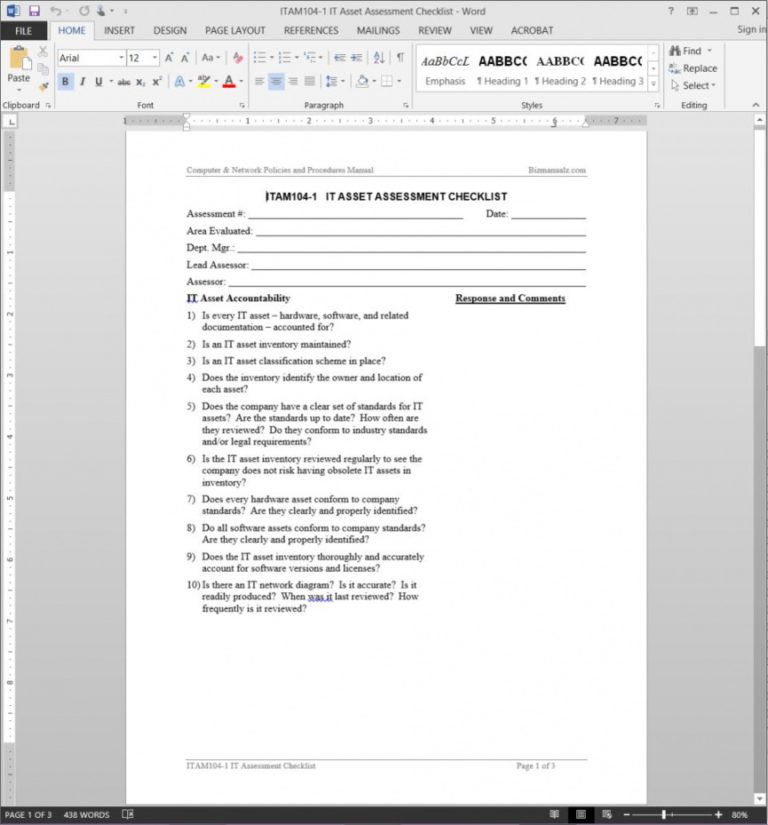 Editable It Asset Assessment Checklist Template Turnover Checklist ...