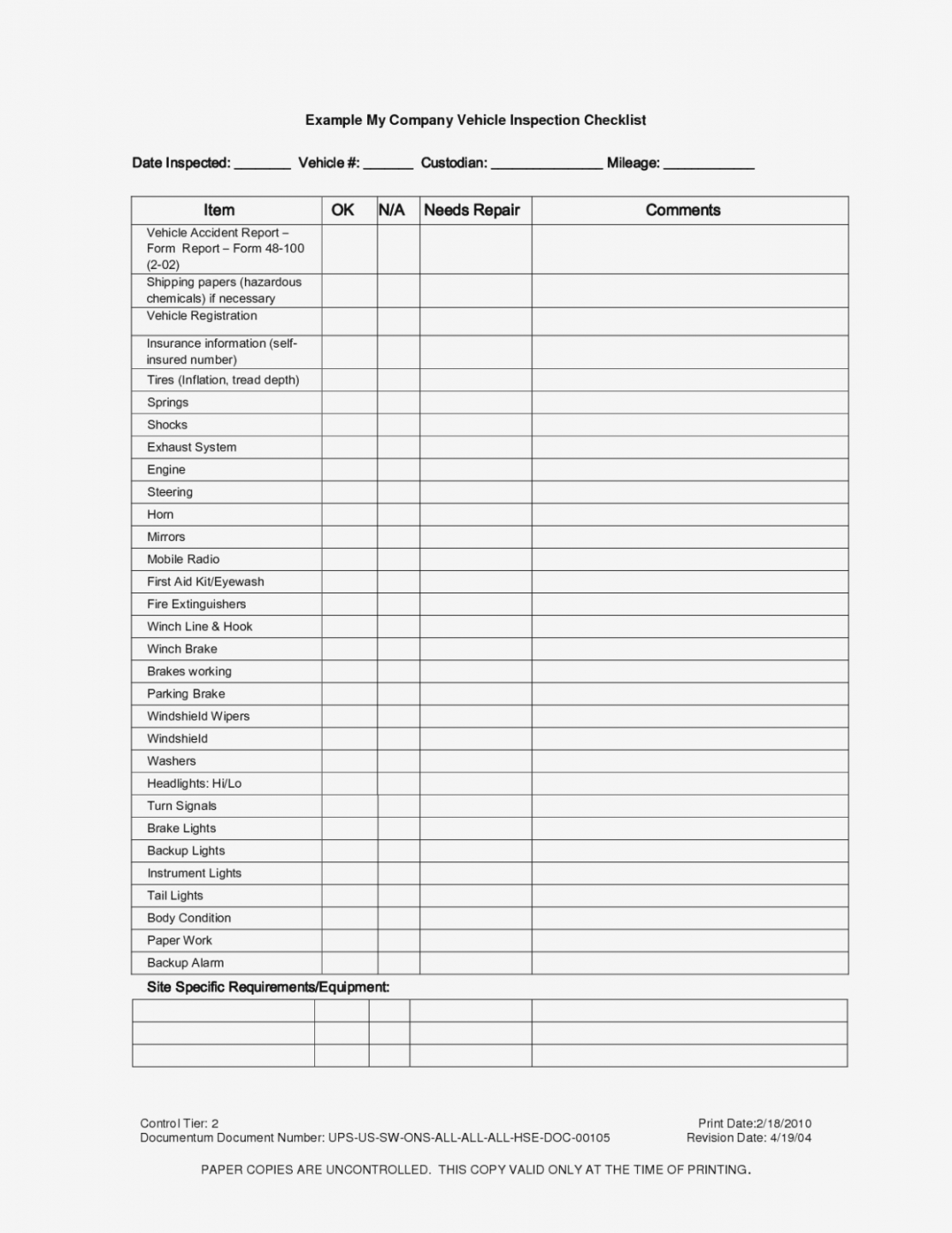 Editable Vehicle Inspection Checklist Template Vehicle Inspection Form 