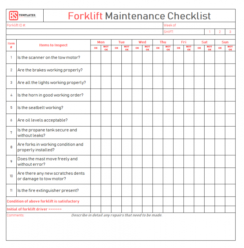 Free Checklist Template Samples Forklift Inspection Maintenance Daily 