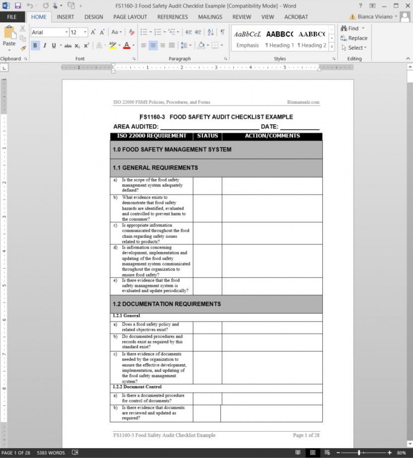 Food Safety Audit Checklist Template