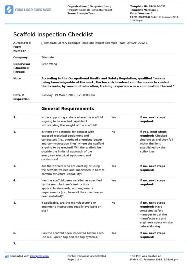 Free Scaffold Inspection Checklist Free Template Daily Or Weekly ...