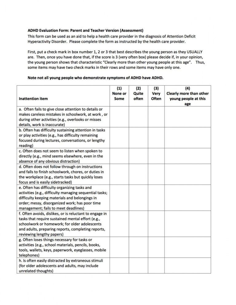 Printable Attention Deficit Hyperactivity Disorder Adhd Evaluation Form 