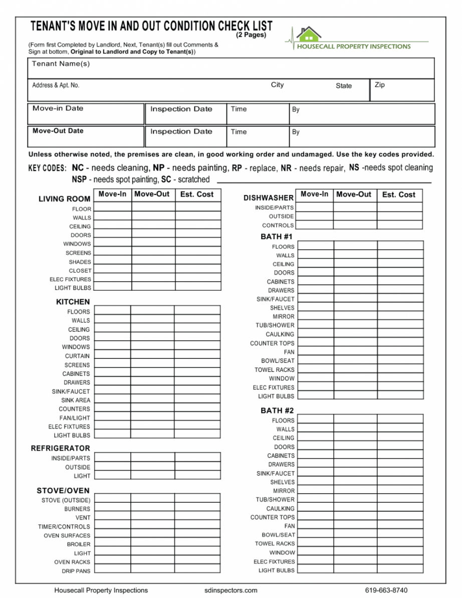 Printable Condo Rental Walk Through Checklist Template Samples Tenant