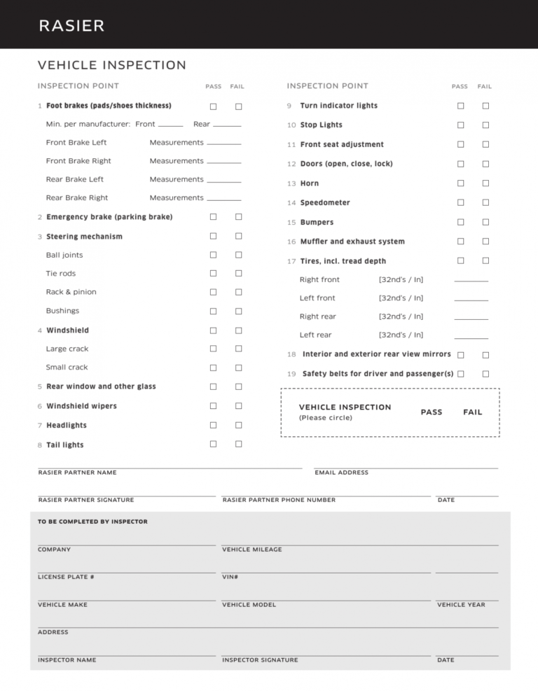 Printable Download Vehicle Inspection Checklist Template Excel Pdf Rtf ...