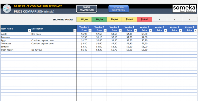 Excel Price Comparison Template Free Cost Comparison Template Shipping 