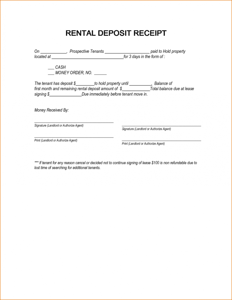 Non Refundable Deposit Receipt Template Non Refundable Rental Deposit ...