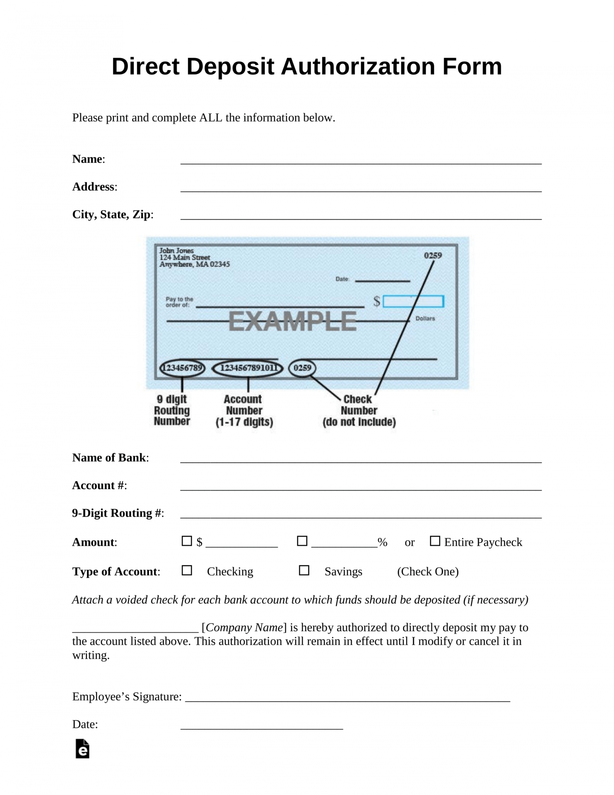 Free 001 Generic Direct Deposit Authorization Form Template Ach Deposit Authorization Form
