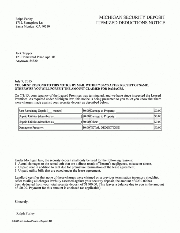 Free Michigan Security Deposit Itemized Deductions Notice Itemized 