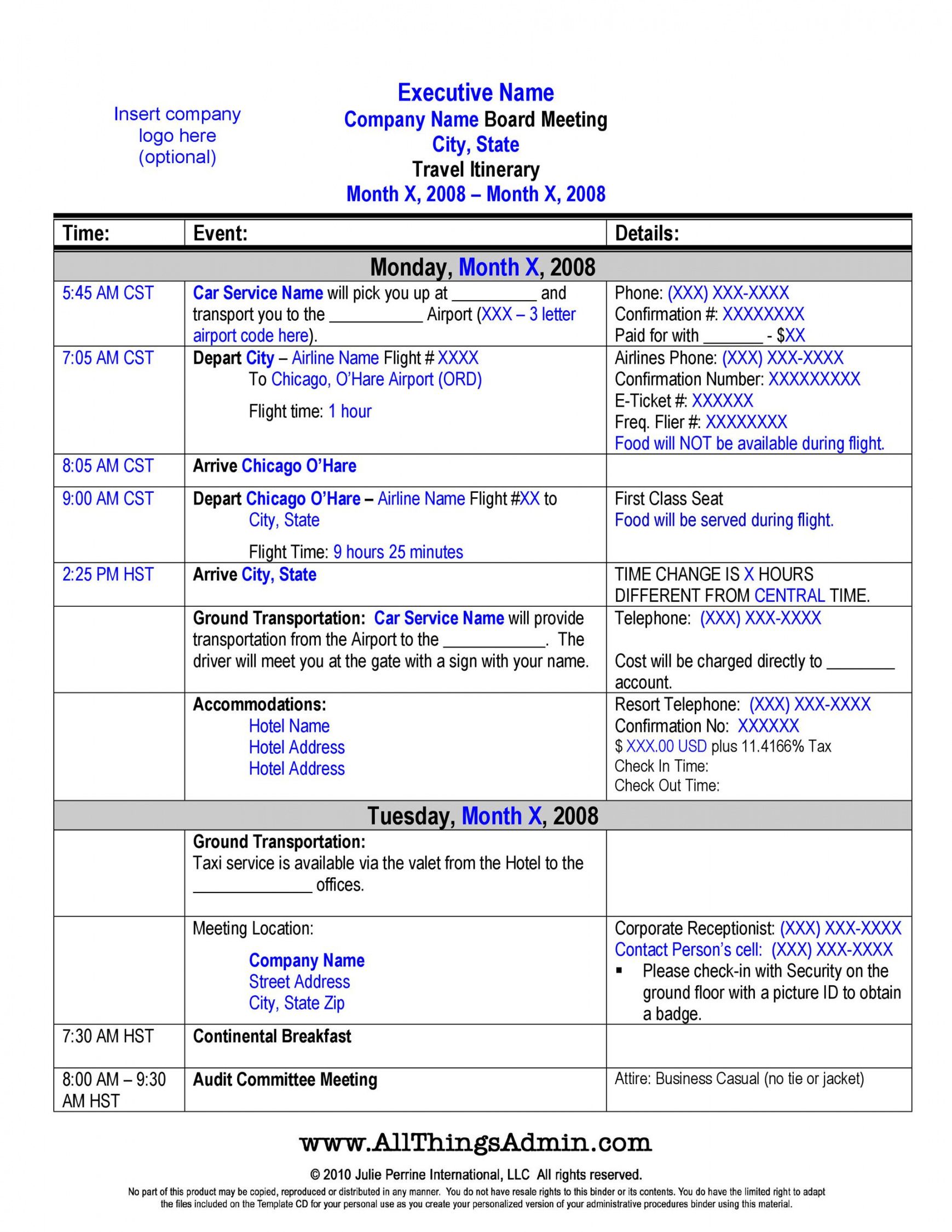 Leisure Travel Itinerary Template