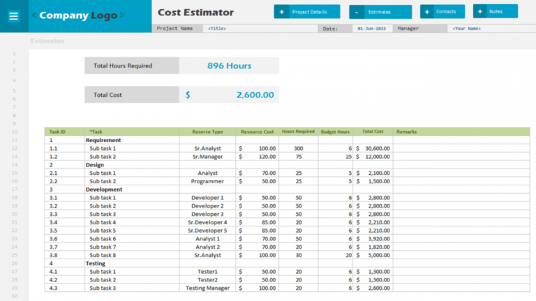 Printable Cost Estimator Excel Project Management Templates Project 