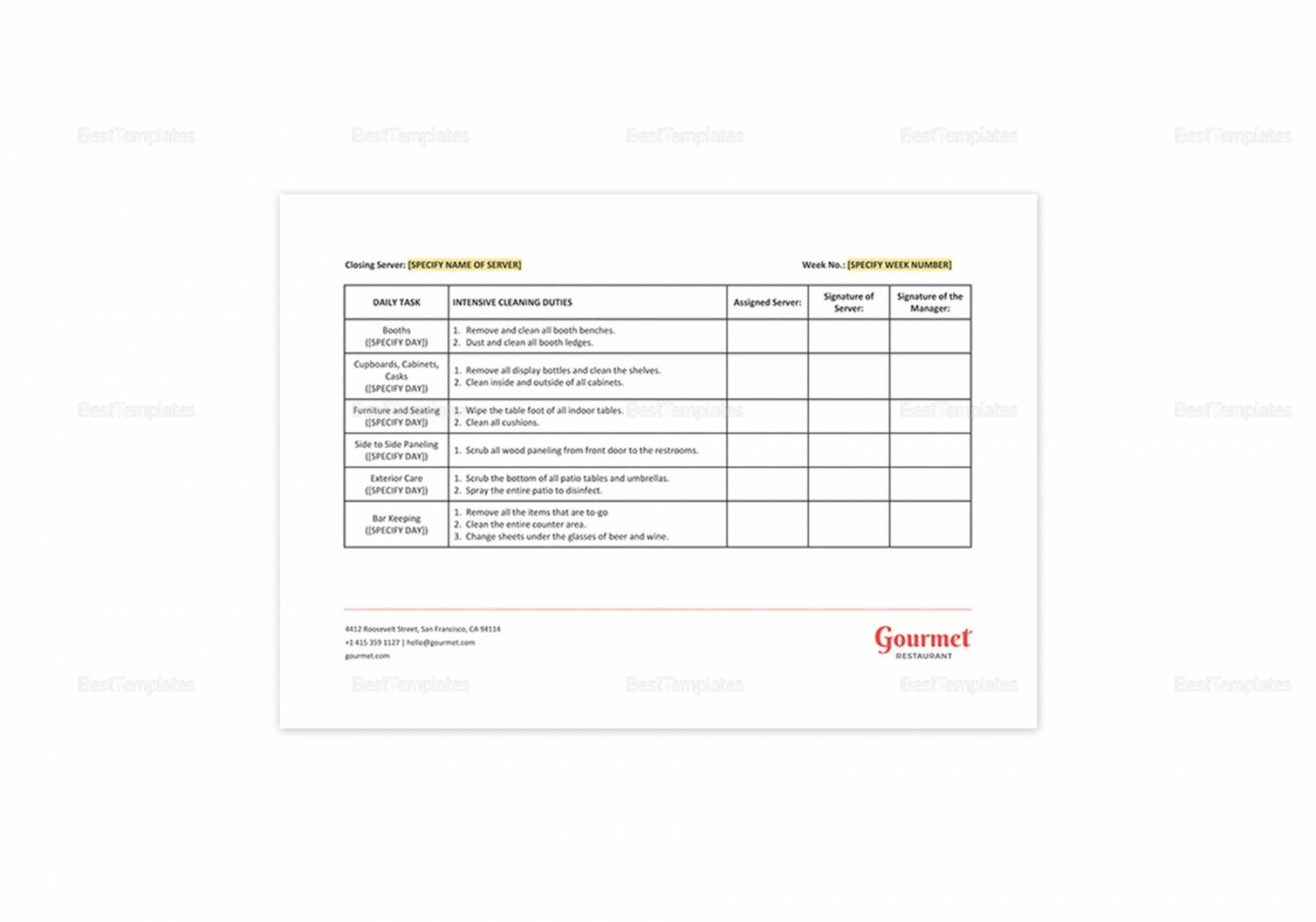 Editable Restaurant Server Sidework Checklist Template In Ms Word Pages 