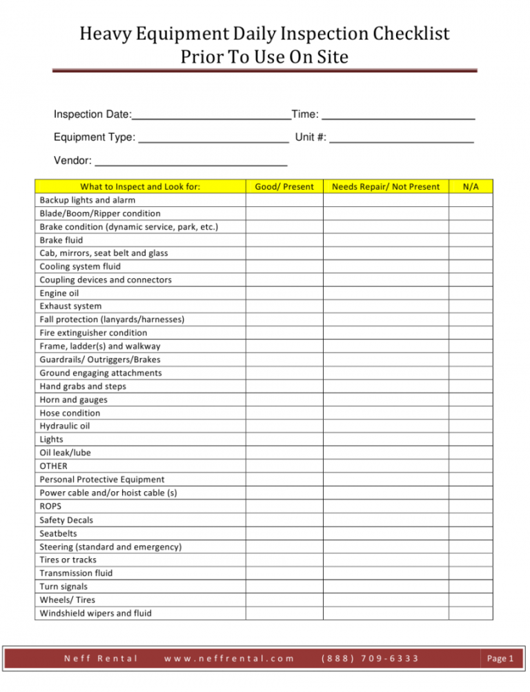 Printable Equipment Inspection Checklist Template