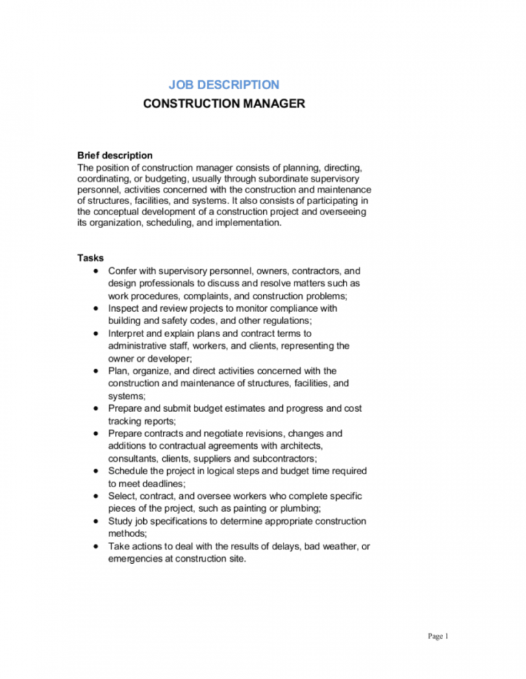Construction Manager Job Description Template By Business Construction Project Manager Job 