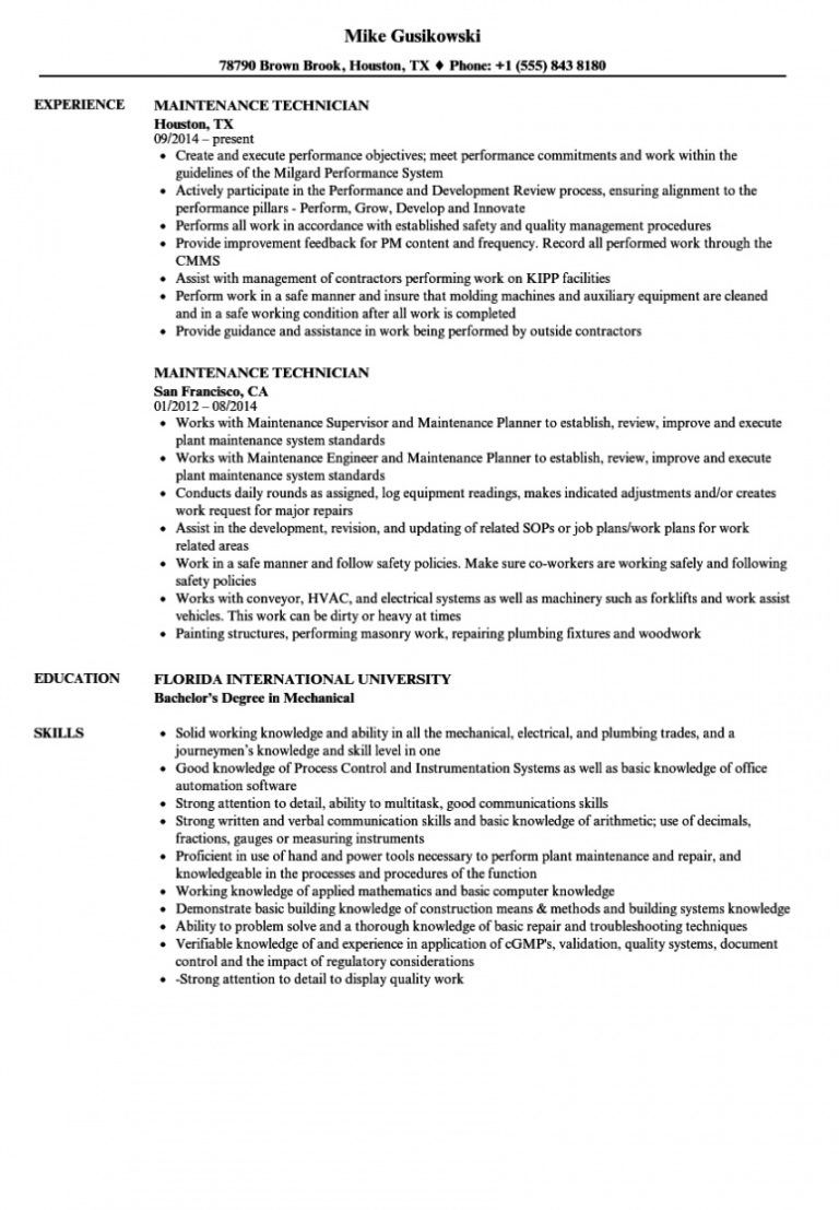 Maintenance Technician Resume Samples Velvet Jobs Maintenance 