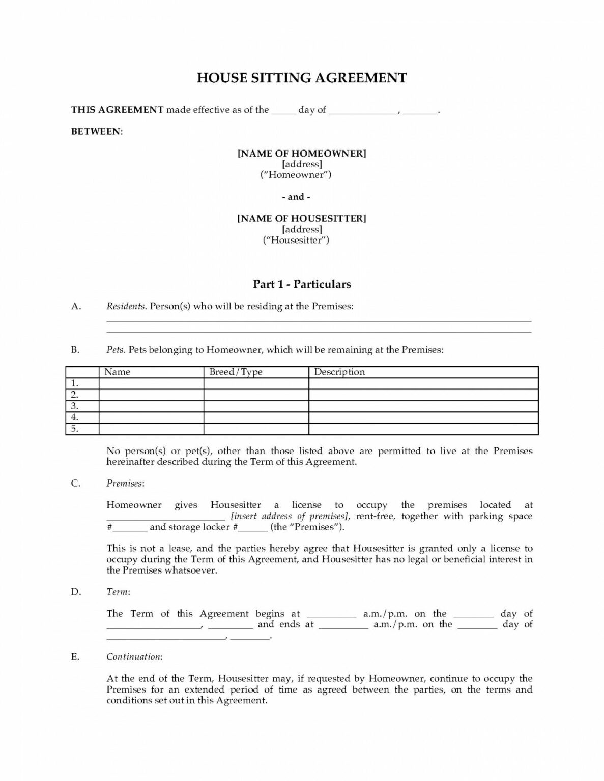 Printable House Sitting Agreement House Sitter Checklist Template Dremelmicro