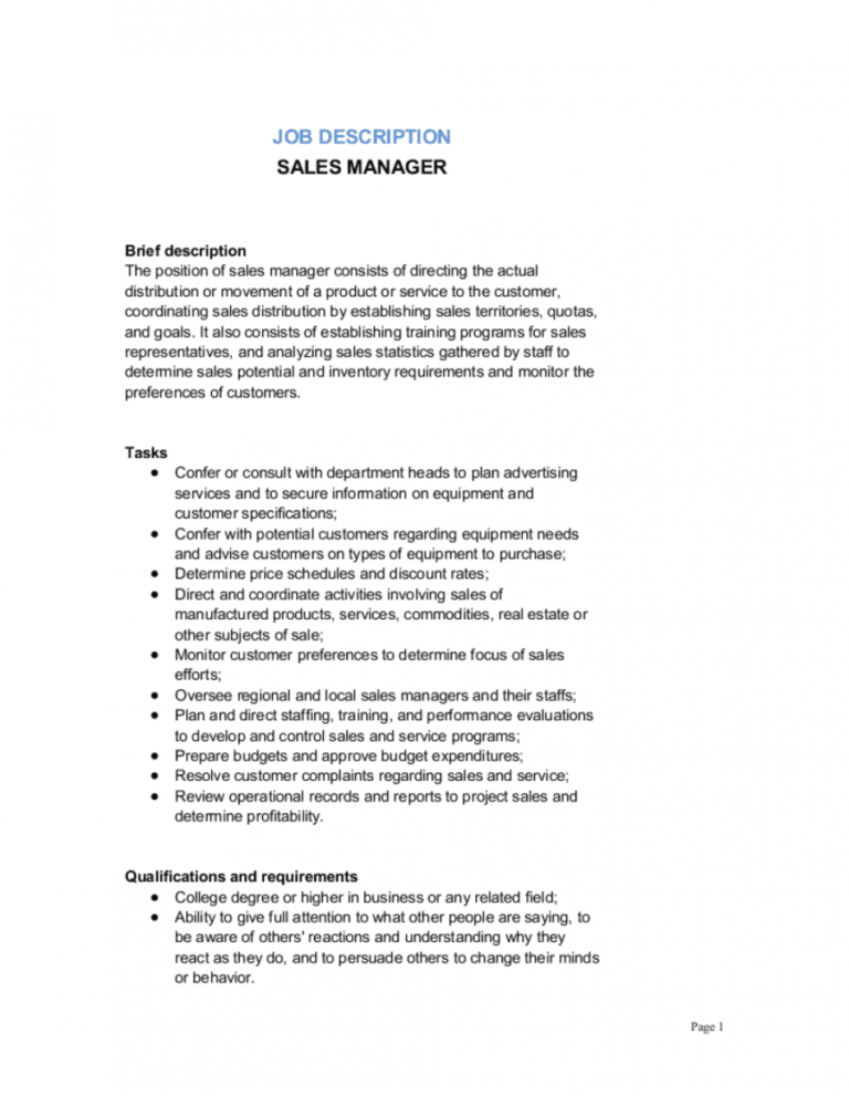 Sales Manager Job Description Template - Dremelmicro