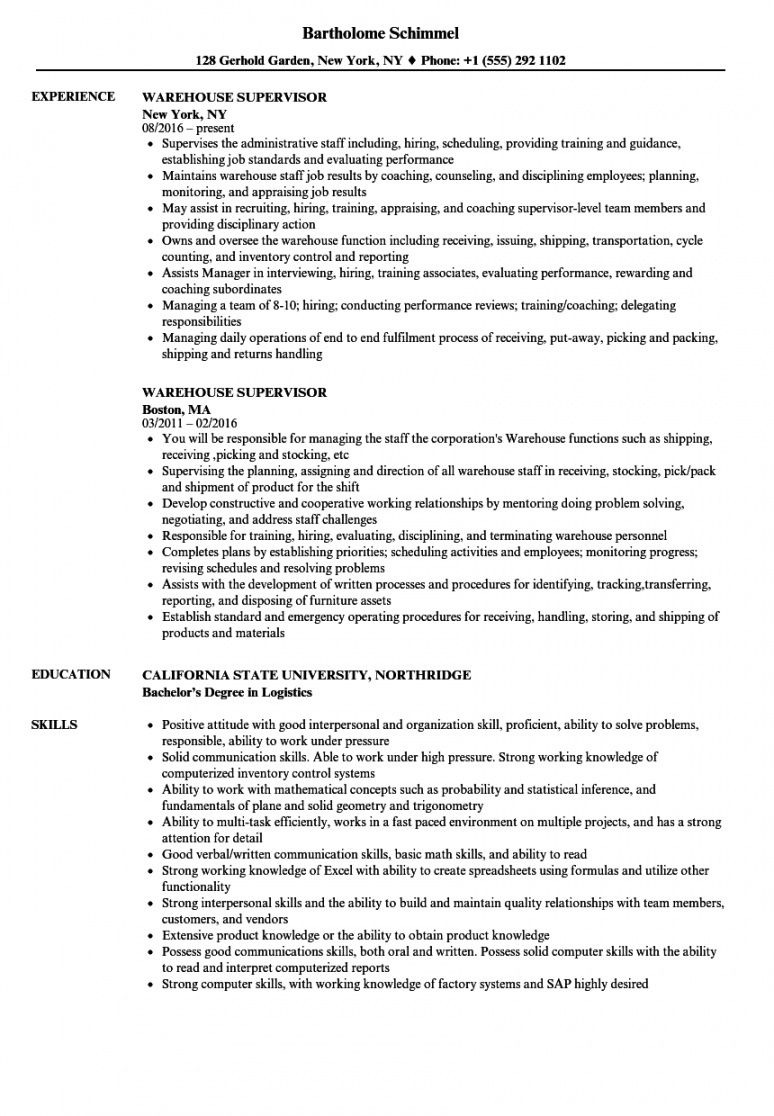 Warehouse Supervisor Resume Sample Good Resume Examples