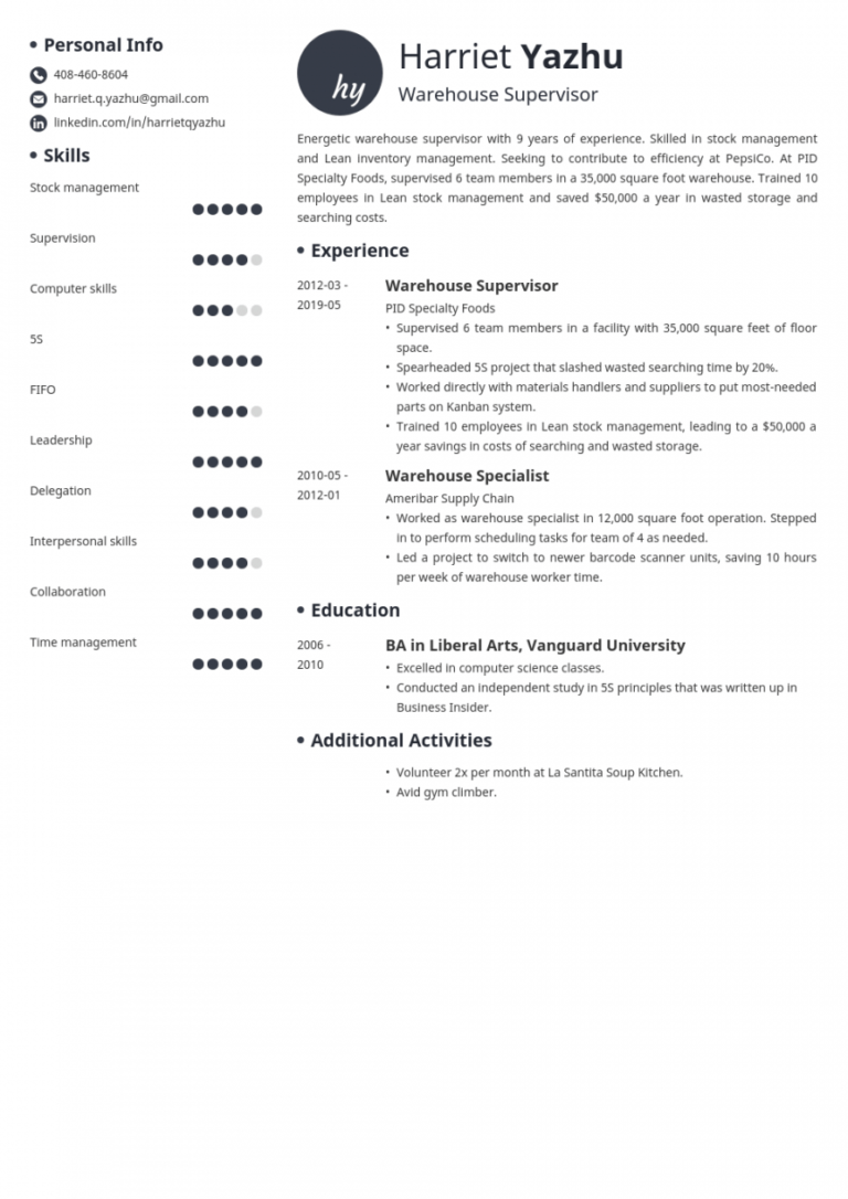 Free Warehouse Supervisor Resume Sample Skills Objective Warehouse 
