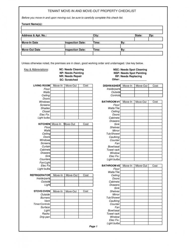 Printable Free Printable Movein Checklist Templates [Word Pdf ...