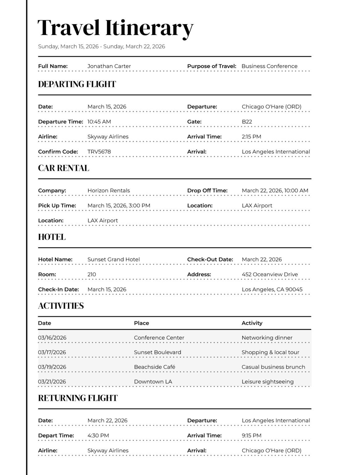 Personal Assistant Travel Itinerary Template - Dremelmicro